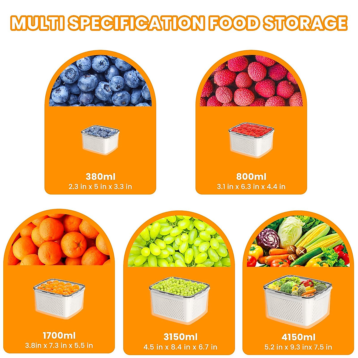 Yunaeduo Fruit Storage Containers for Fridge - 5PCS Food Storage Containers with Lids - Produce Containers for Fridge with Removable Colander - Keep Berry Fruit Vegetable Food Meat Fresh Longer