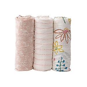 Red Rover Kids Cotton Muslin Swaddle - 47” x 47”- 100% Cotton – Machine Washable – Softer with Every Wash – Playful Designs - Soft, Breathable & Lightweight – Unisex - 3 Pack (Pastel Petal)
