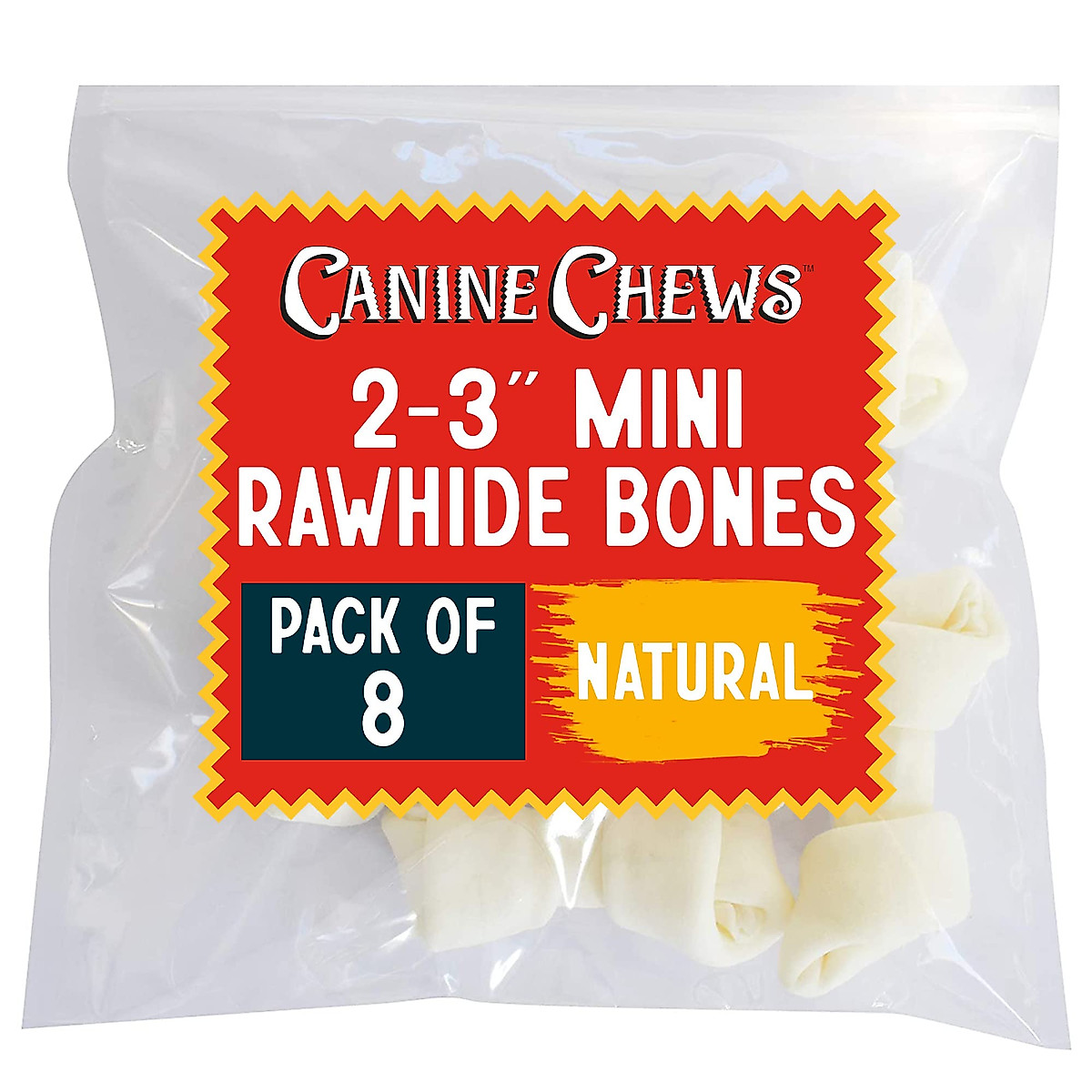 Canine Chews 2-3" Mini Knotted Rawhide Dog Bones for Small Dogs Natural Dog Treat Chew (8 Pack)