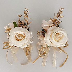 YOKOKE Corsage and Boutonniere Set, Handmade Artificial Peony Rose Wrist Corsage Wristlet and Groom Boutonniere for Men Wedding Prom Suit Decorations (Champagne Cream Gold)