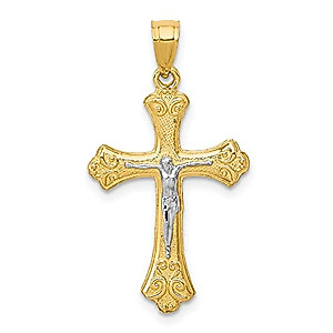 IceCarats 10K Yellow Gold French Fleur De Lis Lily Flower Lord Jesus Christ Crucifix Holy Cross Necklace Religious Pendant Charm 30mm x 16mm Only