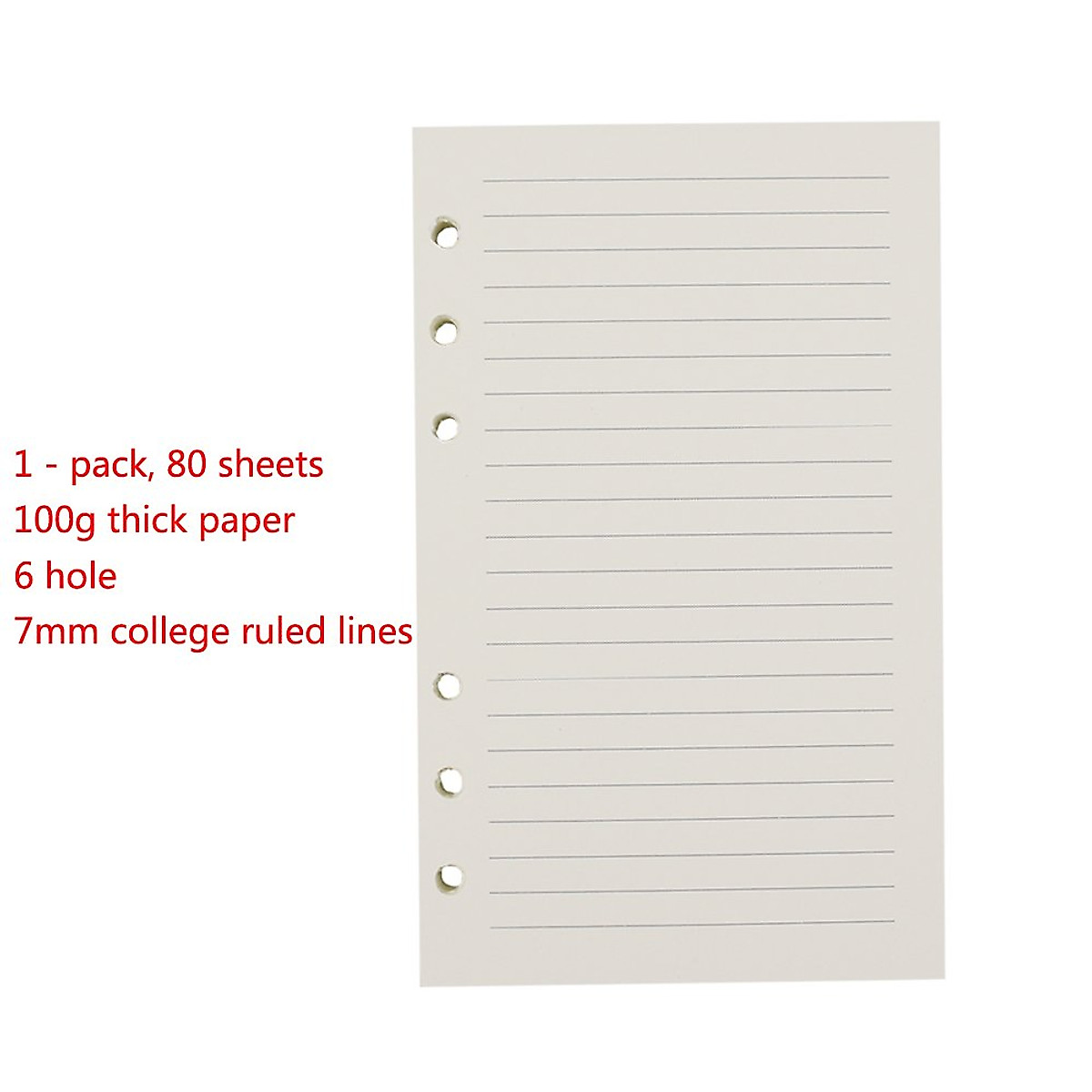 6-Ring A6 Binder/Planner Refill Paper, 6 Hole,6 3/4 x 4 1/8 Inches Refillable White Paper for Loose Leaf Binder Notebook Diary Traveler Journal Inserts, 80 Sheets/160 Pages,Lined