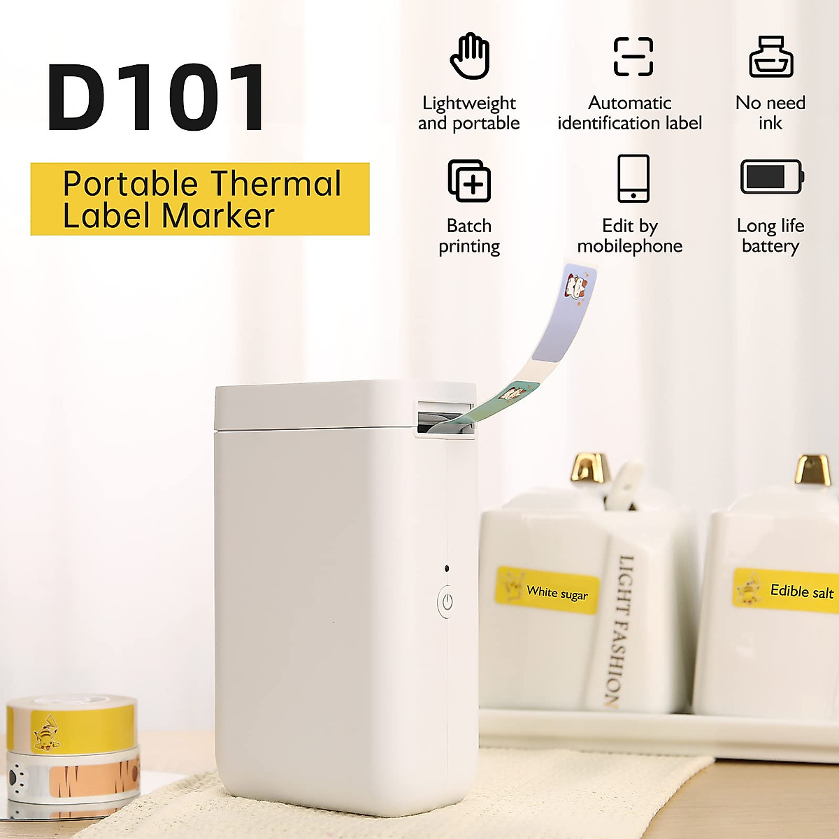 INeedIt D101 Label Maker Machine Portable Wireless Thermal Label Printer with Tape for Business, School, Office Organization, Home Storage, Larger Print Width 0.5 to 1 Inch, White