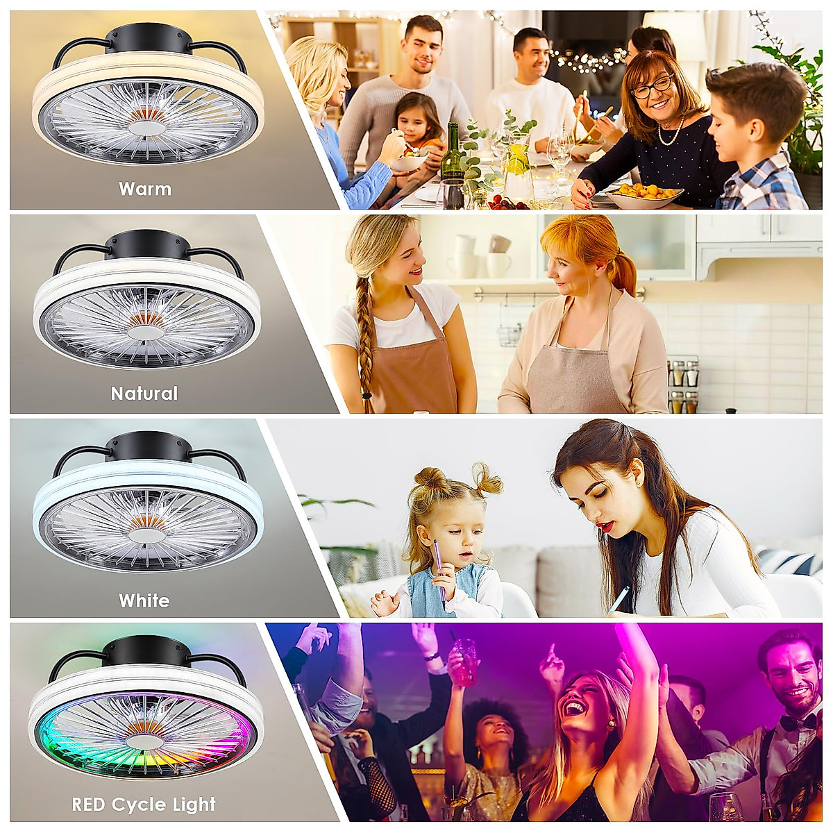 Low Profile Ceiling Fan with Light - Modern Flush Mount Ceiling Fan,15" RGB Dimmable LED Enclosed Ceiling Fans,Modern Bladeless LED-RGB Ambient Light for Bedroom Kids Room Party（Black）