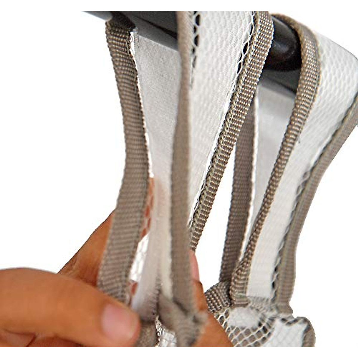 Home-X Hanging Mesh Organizer with Six Pockets, Shower Caddy with Hook and Loop Hanger for Shower Rod, 58" L x 7" W, White/Gray