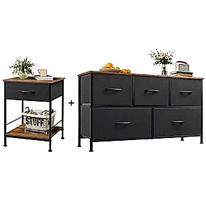 WLIVE 1 Drawer Nightand with Shelf, 5-Drawer Dresser Set, Fabric Storage Tower for Bedroom, Hallway, Nursery, Closets, Tall Chest Organizer Unit with Textured Print Fabric Bins, Steel Frame, Wood Top