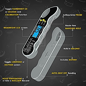 Instant Read Meat Thermometer for Kitchen Cooking, Ultra Fast Precise Waterproof Digital Food Thermometer with Backlight, Magnet and Foldable Probe for Deep Fry, Grill