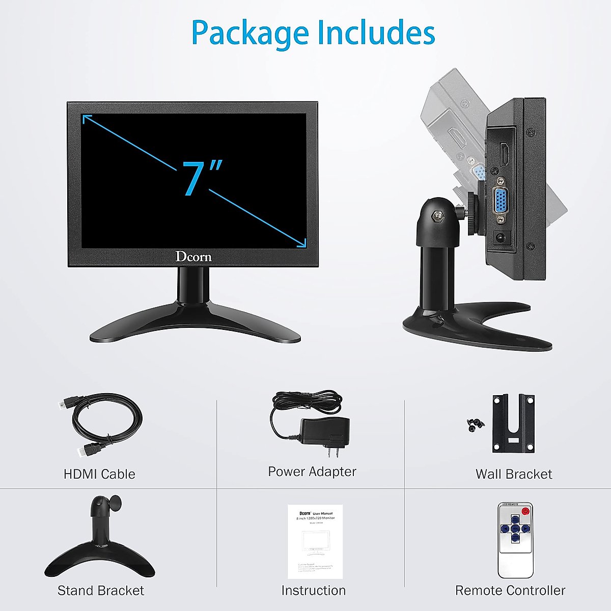 Dcorn 7 inch Mini Monitor,Small HDMI Monitor 1080P IPS Computer Monitors Support HDMI VGA BNC AV Input with Wall Bracket&Remote Control 1280x800 Pixel,160 Full Viewing w/Speaker