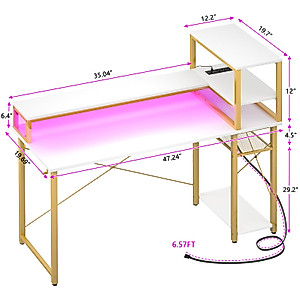 Cyclysio Gaming Desk 47", Computer Desk with Reversible Storage Shelves, Home Office Desk with Power Outlets & RGB Led Lights, Small Desk for Gaming, Studying, Working White