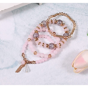 Boho Flower Beaded Bracelets Set Stacking Style Stretchy Bracelets Anklets, Retro Gold Beads Baroque Red Strings Love Heart Charms Women Summer Beach Vacation Jewelry (E pink)