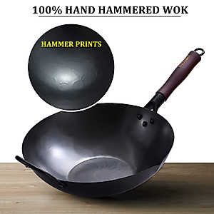 XEEYAYA Carbon Steel Wok Pan with Lid, Chinese Flat Bottom Woks and Stir Fry Pans, 12.5" Hand Hammered Traditional Wok for Electric, Induction & Gas Stoves