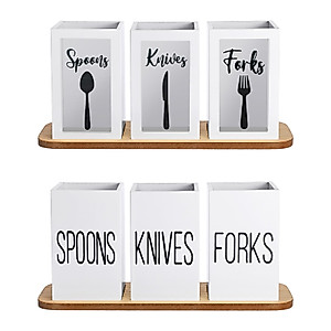 Gejoy Clear Acrylic Silverware Caddy Utensil Holder for Countertop Silverware Organizer with Wood Tray Spoon and Fork Holder Cutlery Silverware Holder Utensil Caddy Flatware Organizers (White)