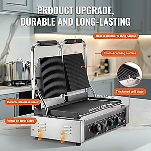 VEVOR Commercial Panini Grill, 3600W Electric Sandwich Panini Maker, Stainless Steel Double Sandwich Press, Panini Grill Temp Control & 19"x9" Full Grooved Enamel Plate, for Hamburger Steak Bacon