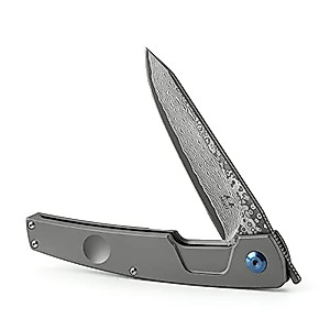 Miki Camping Pocket Folding Japanese Knife, Titanium Handle, Frame Lock, Handmade Damascus Steel Blade, Leather Sheath