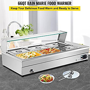 110V Electric Countertop Food Warmer - 6 Pan x 1/2 GN, Commercial Food Steam Table with 6-Inch Deep Pans, Food Grade Stainless Steel, 1500W, 66 Quart Capacity, Tempered Glass Shield