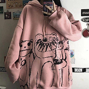 MOMEITU Gothic Hoodie Girls Anime Hooded Sweater Women Loose Street Sports Y2K Clothes Grunge Clothes (Pink Tiger,L,Large)