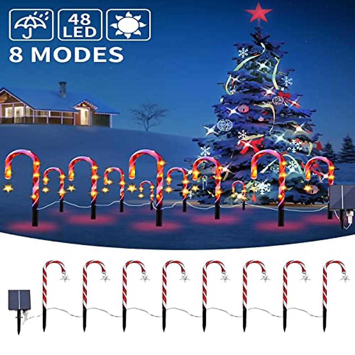 Christmas Candy Cane Lights,8 Pcs Solar Lights， 8 Modes Christmas Decoration Lawn Candy Cane Lights， Solar Powered Garden Lights， Home Led for Outdoor Garden Lighting