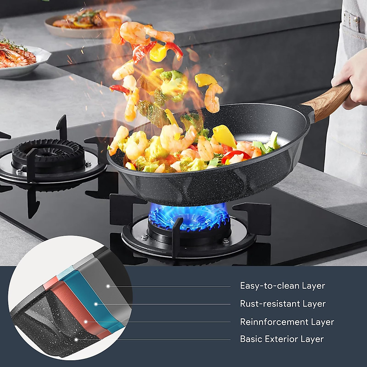 ITSMILLERS Non-stick 3 Pcs Die-cast Deep Frying Pan Set Skillet Set Egg Omelette Pan, Induction Bottom with Silicone Spatula, PFOA Free