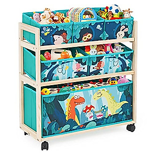 Toy Storage Organizer with Wheels, Utility Storage Cabinet, Rolling Cart with Large Storage Bins for Hold ing Toys, Books, Blankets, Blocks