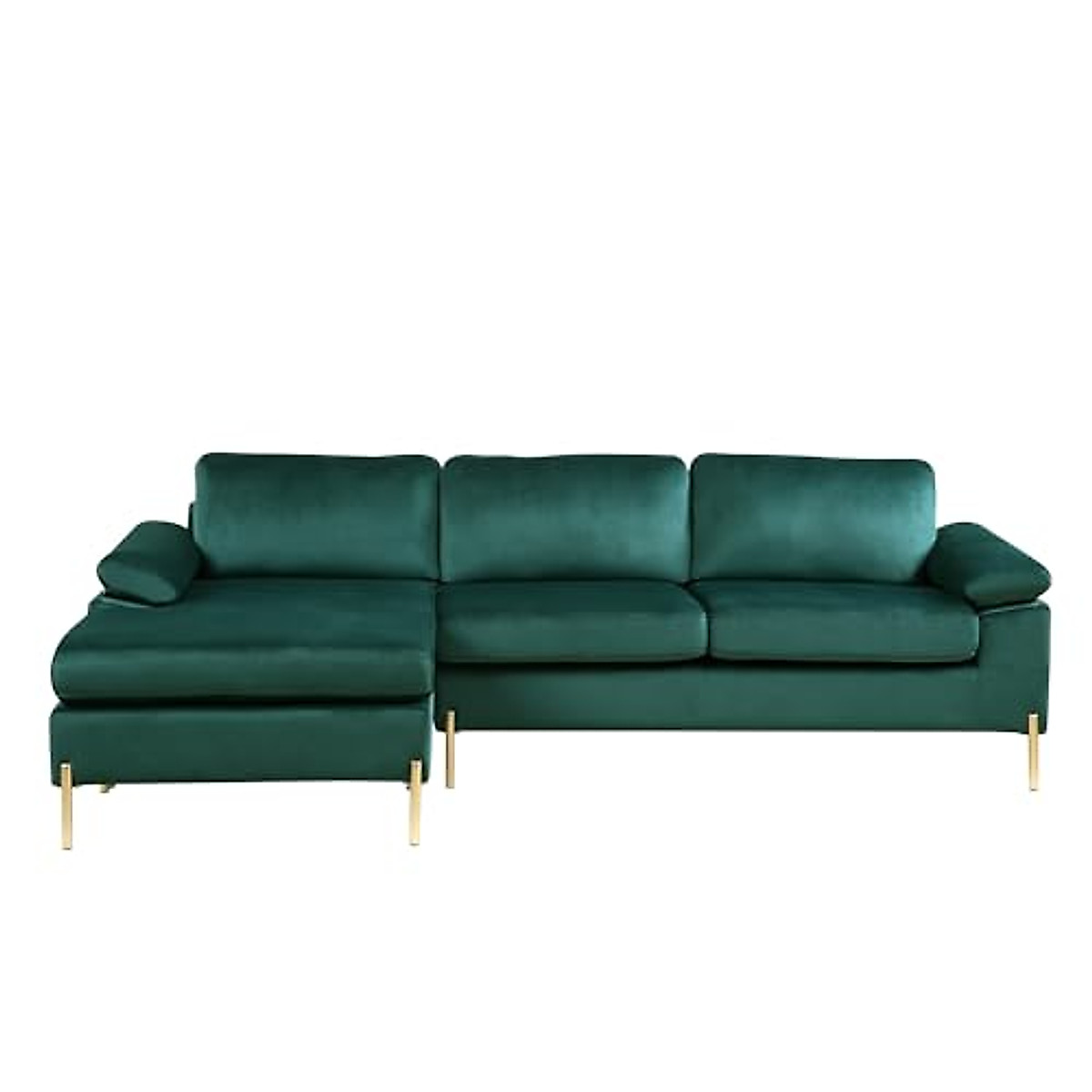 Devion Furniture 101" W Modern Design Velvet Sectional Sofa with Spacious Chaise, Cushioned Arms & Metal Legs in Green & Gold Finish