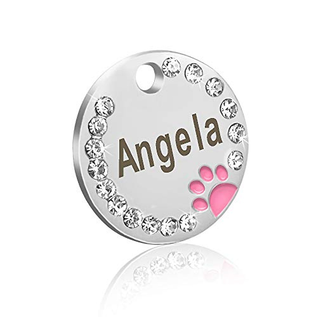 Didog Stainless Steel Custom Engraved Pet ID Tags,Round Crystal Rhinestones Tags with Pretty Paw Print,Double-Side Laser Engraving Tags Fit Small Medium Large Dogs and Kittens,Pink