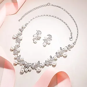 EVER FAITH Women's 1920s Vintage Victorian Jewelry, White Simulated Pearl Vine Leaf Bowknot Wedding Bridal Necklace Earrings Set for Bride, Bridesmaids Silver-Tone