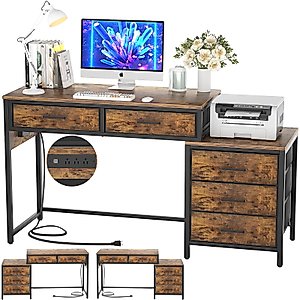 Hyomdeck Computer Desk with 5 Drawer, Reversible Office Desk with Power Outlets and USB Charging Port, Sturdy Writing Table with File Cabinet Printer Stand, PC Desk for Small Spaces, Rustic Brown