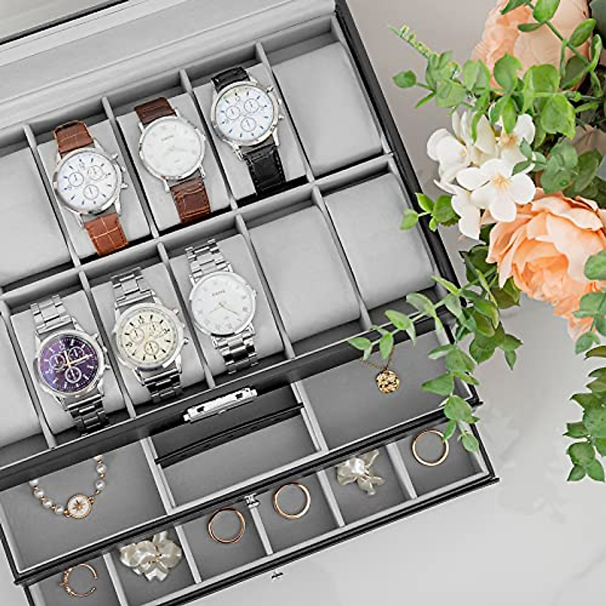 Oyydecor Jewelry Box Watch Box PU Leather Case Organizer Wooden Storage Organizer for Storage and Display Men's & Women's Gift Business (3layers-Gray)