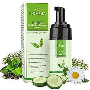 NOVEHA Tea Tree Oil Foaming Cleanser | Therapeutic Daily Skincare For Eyelash & lids, MGD, Eye Irritations, Stye Eyes, Skin Dryness, Moisturize with Organic Ingredients, For All Skin Types 3.38 Fl Oz