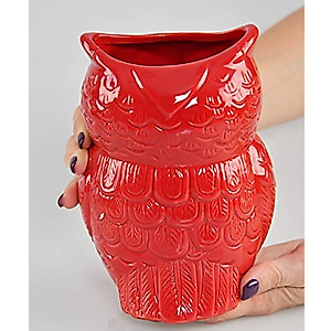 Home-X Ceramic Owl Utensil Holder - Kitchen Organizer, Large Utensil Caddy for Counter, Cooking & Spatula Storage Crock, Farmhouse Decor, Home & Kitchen Accessory, Red