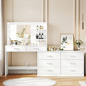 Rovaurx 65" Vanity Desk with Lighted Mirror and Lights, 8 Drawers Makeup Vanity Table with Storage Shelf, Modern Dresser with Mirror, Dressing Table for Bedroom, Adjustable Width, White RSZT109W