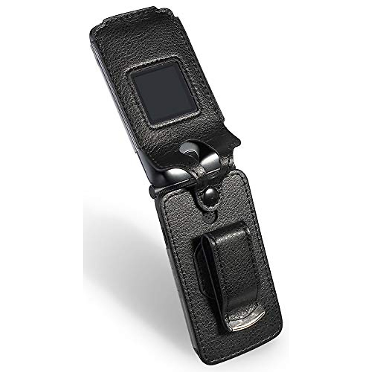 Case for Go Flip Phone, Nakedcellphone [Black Vegan Leather] Form-Fit Cover with [Built-in Screen Protection] and [Metal Belt Clip] for Alcatel Go Flip V, MyFlip, QuickFlip, AT&T Cingular Flip 2