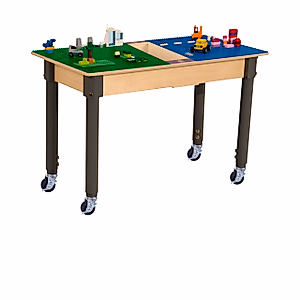 Time-2-Play Montessori Play Table, Reactangular Birch Plywood Blue & Green Lego Compatible Building Blocks Table with Trough and Wheels for Kids 18”-29” Adjustable Legs