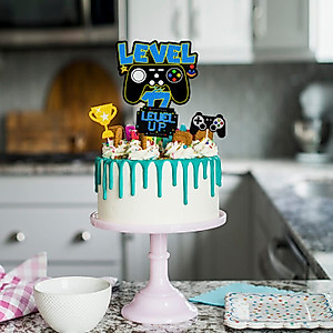 4PCS Level 17 Birthday Cake Toppers - Blue Glitter Video Game 17th Birthday Cake Picks - Boy's Birthday Gaming Theme Cupcake Toppers set - Level Up Winner Party Decoration Supplies