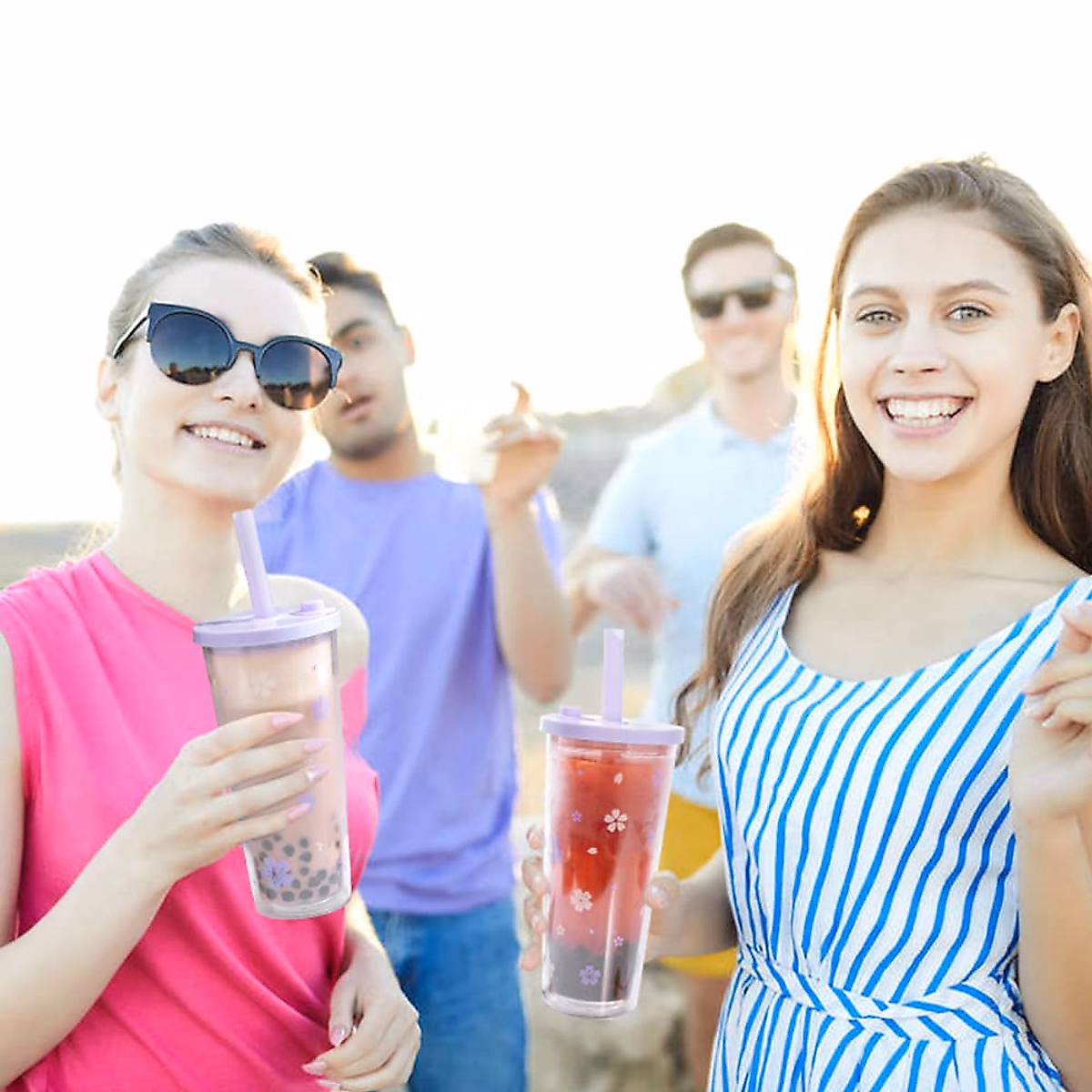 Colnic Reusable Boba Cup With Lids And Straws, 24OZ/700ml Smoothie Cups, Iced Coffee Cup, Leakproof Kawaii Cup, Bubble Tea Cup, Boba Cups With Boba Reusable Straw, Double Wall Tumbler (Purple)