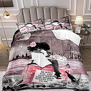 LUVIVIHOME Black Girl Magic Comforter Set for Women, Pink King Size Comforter, African Girl Bedding Sets, Eiffel Tower Beach Romantic Paris Bedroom Decor for Teen Girls, 1 Quilt and 2 Pillowcases