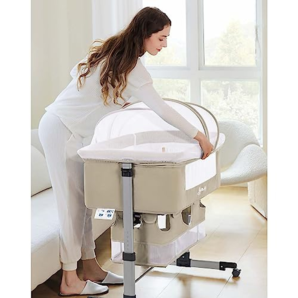 Ihoming Baby Bassinet Bedside Sleeper, Baby Bed Side Crib with Storage Basket, Easy Folding Bassinets, Adjustable Baby Bed for Infant Newborn, Pure Khaki