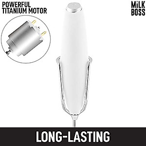 Milk Boss Powerful Milk Frother Handheld With Upgraded Holster Stand - Coffee Frother Electric Handheld Foam Maker - Milk Frother For Coffee, Lattes, Matcha & More - Electric Whisk Frother (White)