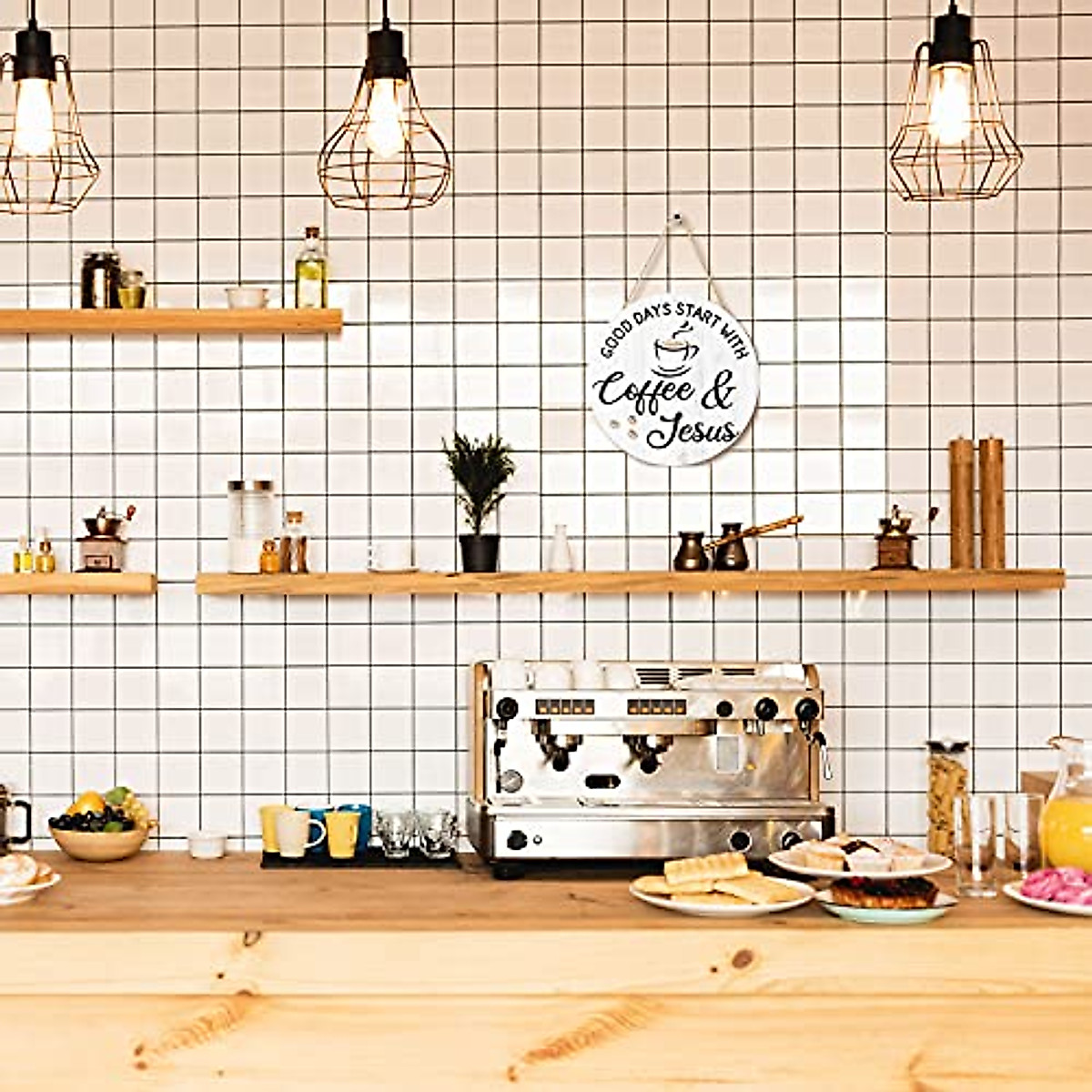 Coffee Bar Sign Coffee Decor Coffee Wooden Sign Hanging Coffee Decor Coffee Sign Plaque for Farmhouse coffee bar Kitchen Accessories Coffee Lover (White Good Days Start with Coffee & Jesus)