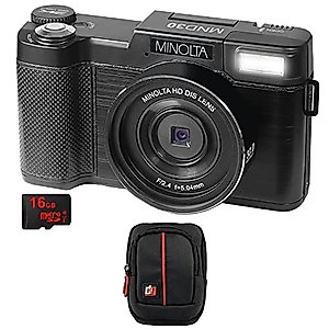 Minolta MND30-BK 30MP 2.7K Ultra HD 4X Zoom Digital Camera (Black) Bundle with Deco Photo Point and Shoot Field Bag Camera Case (Black/Red)