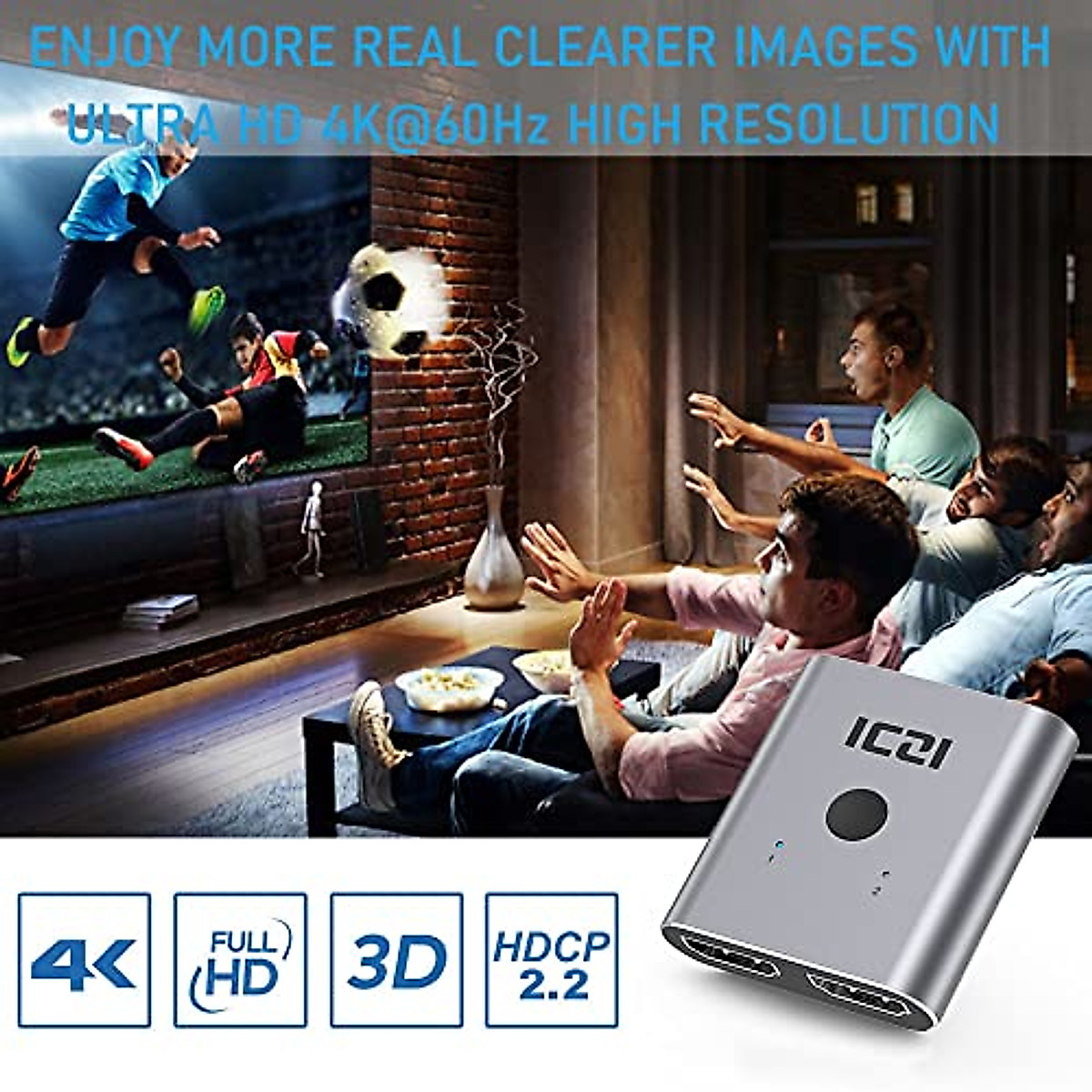 HDMI Switch 4K@60Hz, Ultal Slim Aluminum ICZI HDMI Switcher 2 in 1 Out &1 in 2 Out Bi-Directional HDMI Splitter HDCP 2.0 Support 4K 3D HD 1080P for PS5 PS4 Xbox Roku HDTV Blu-Ray DVD TV Box