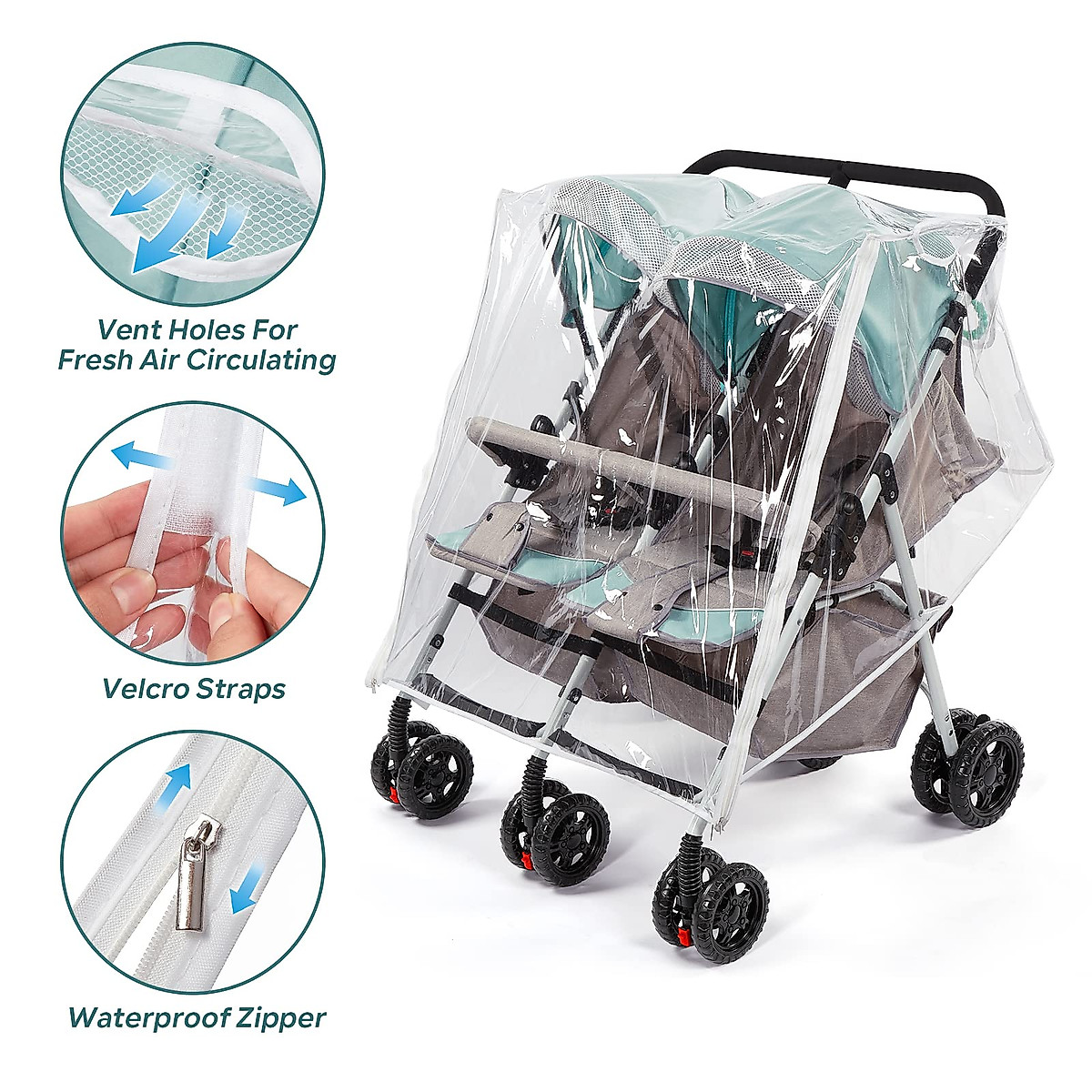 Double Stroller Rain Cover, Waterproof Weather Shield for Side by Side Baby Double Stroller, Twins Stroller Cover for Rain/Wind/Snow/Cold/Dust, Baby Outdoor Accessories