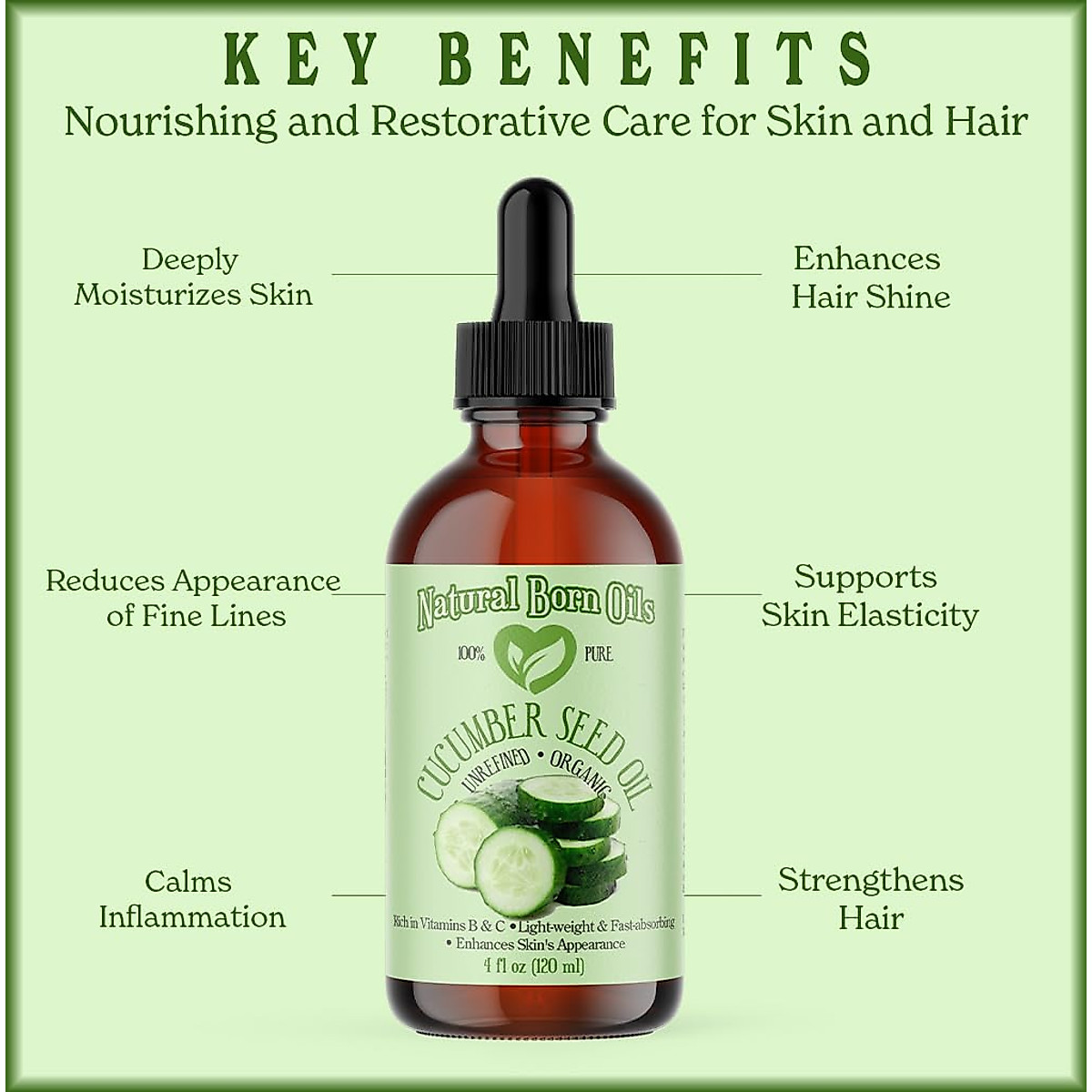 Natural Born Oils Cucumber Seed Oil. 4oz. 100% Pure and Natural, Organic, Cold-pressed, Unrefined, Moisturizer for Skin and Hair