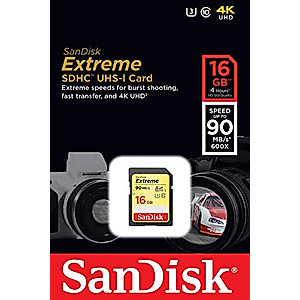 SanDisk 16GB Extreme SDHC UHS-I Memory Card - 90MB/s, C10, U3, V30, 4K UHD, SD Card - SDSDXNE-016G-GNCIN