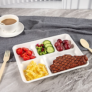 WDF 125 Pack Disposable Plates with Compartment - 100% Compostable Plates Disposable, 8 * 10 inch Heavy Duty Paper Plates with 5 Compartment Biodegradable Plates for School Lunch Trays