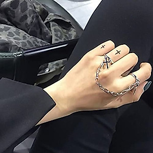 17Pcs Adjustable Punk Chain Rings Set， Vintage Knuckle Gothic Rings Set Alloy Biker Obsidian Chain Open Rings, Stackable Hollow Carved Finger Rings Midi Rings Joint Jewelry for Women (Silver)