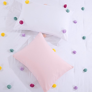 HOMBYS Pom Poms Bedding Comforter Set for Girls, 5 Piece White Pink Boho Kids Comforter Set for All Season，Twin/Twin XL Size