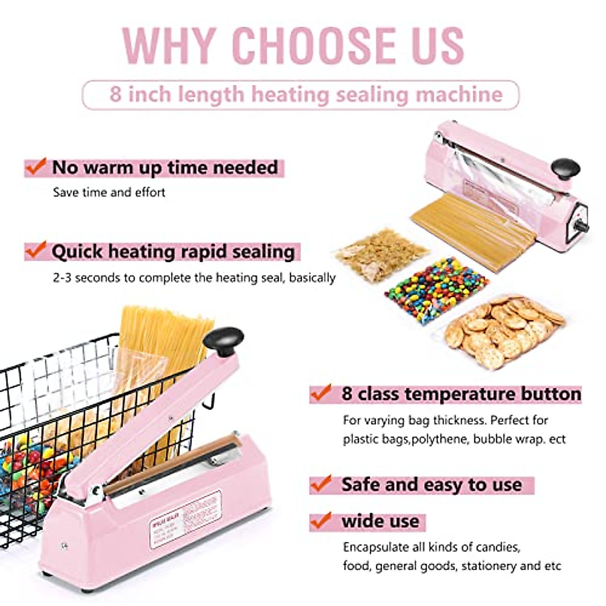 METRONIC Impulse Sealer 8 inch, Manual Heat Sealer Machine for Plastic Bags, Shrink Wrap Bag Sealers Heavy Duty Sealing Machine with Repair Kit ( Pink)