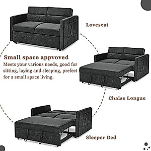 3 in 1 Convertible Sleeper Sofa Bed, Antetek Modern Chenille Loveseat Sleeper Sofa Couch with Pull-Out Bed, Small Love seat Sofa Bed with Reclining Backrest & Side Pocket for Living Room, Black, 54.6"