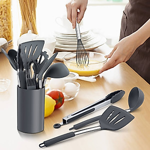 Homikit 38 Pieces Kitchen Cooking Utensils Set with Holder, Gray Silicone Utensil with Stainless Steel Handle, Nonstick Kitchen Tools with Spatula Ladle Pizza Cutter Grater Spoon Rest, Heat Resistant